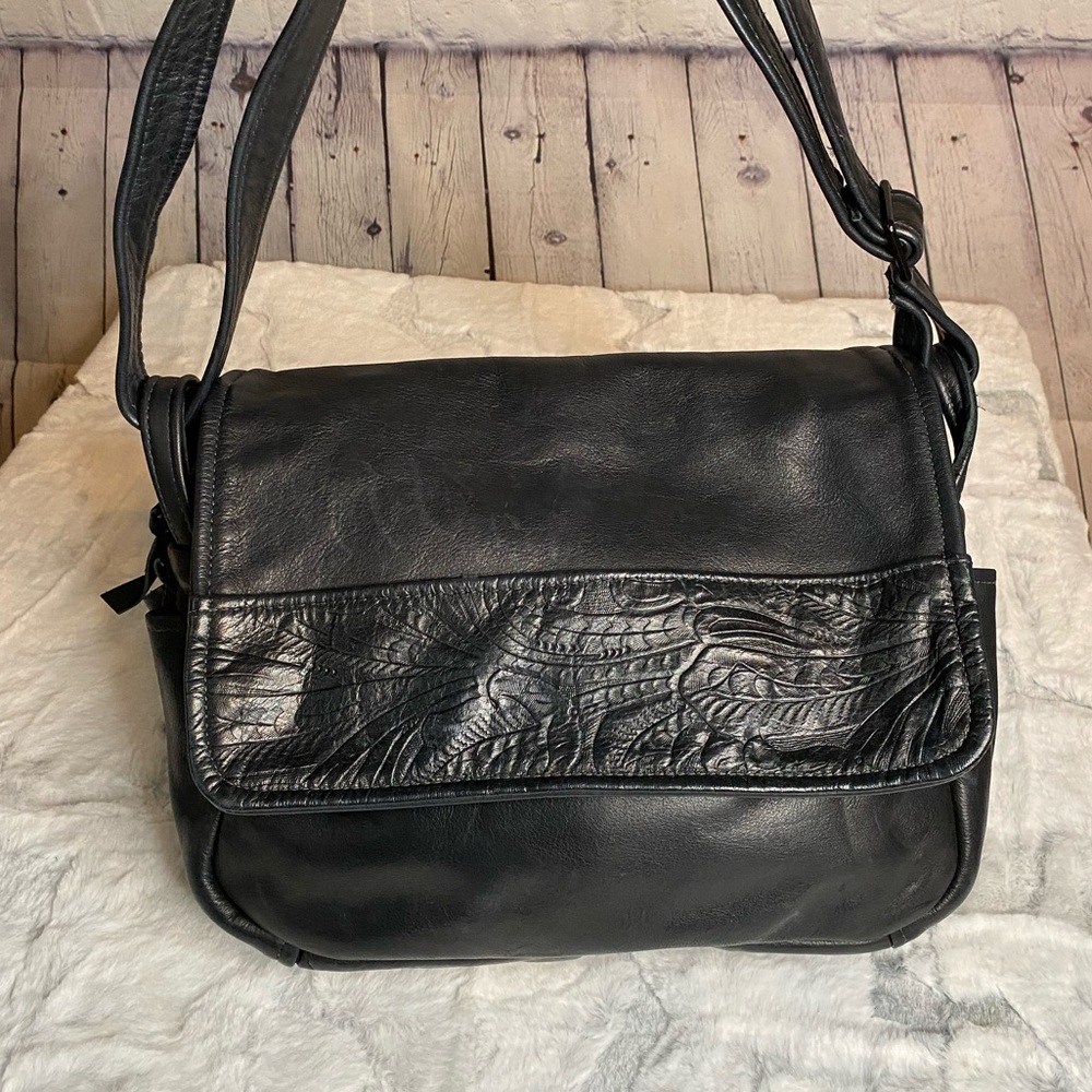 Stickman Leather Tooled Panel Black Purse Crossbody O… - Gem